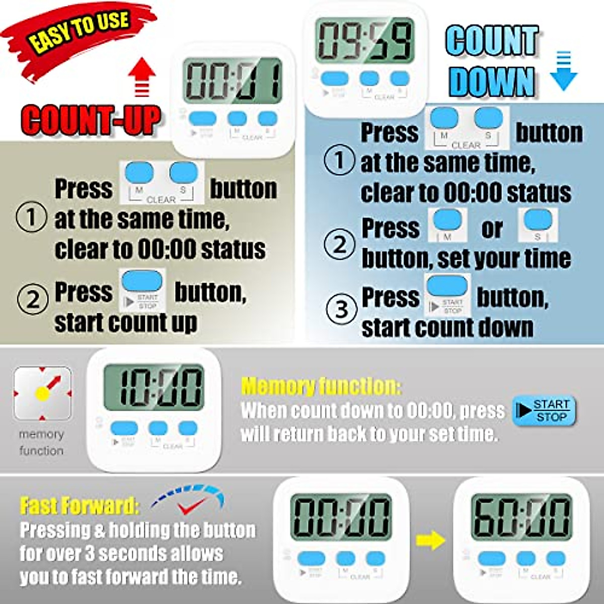 Timer, Timer for Kids, Kitchen Timer, Digital Timer for Cooking, Egg Timer, Magnetic Desk Timers for Teacher, Classroom, Toothbrush, Exercise, Bathroom, Oven, Baking, Table, Productivity - 2 Pack