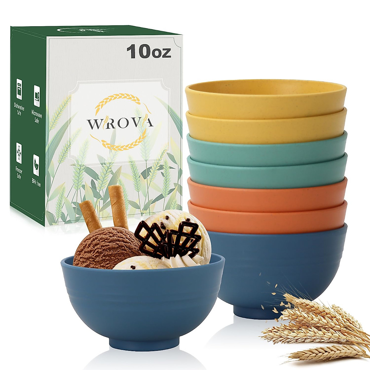 Wrova wheat straw small bowls 10oz set of 8 - Unbreakable Dessert Bowls for kids - Mini Bowls for Ice Cream,Snack and Fruits - Microwave & Dishwasher Safe Appetizer Bowls