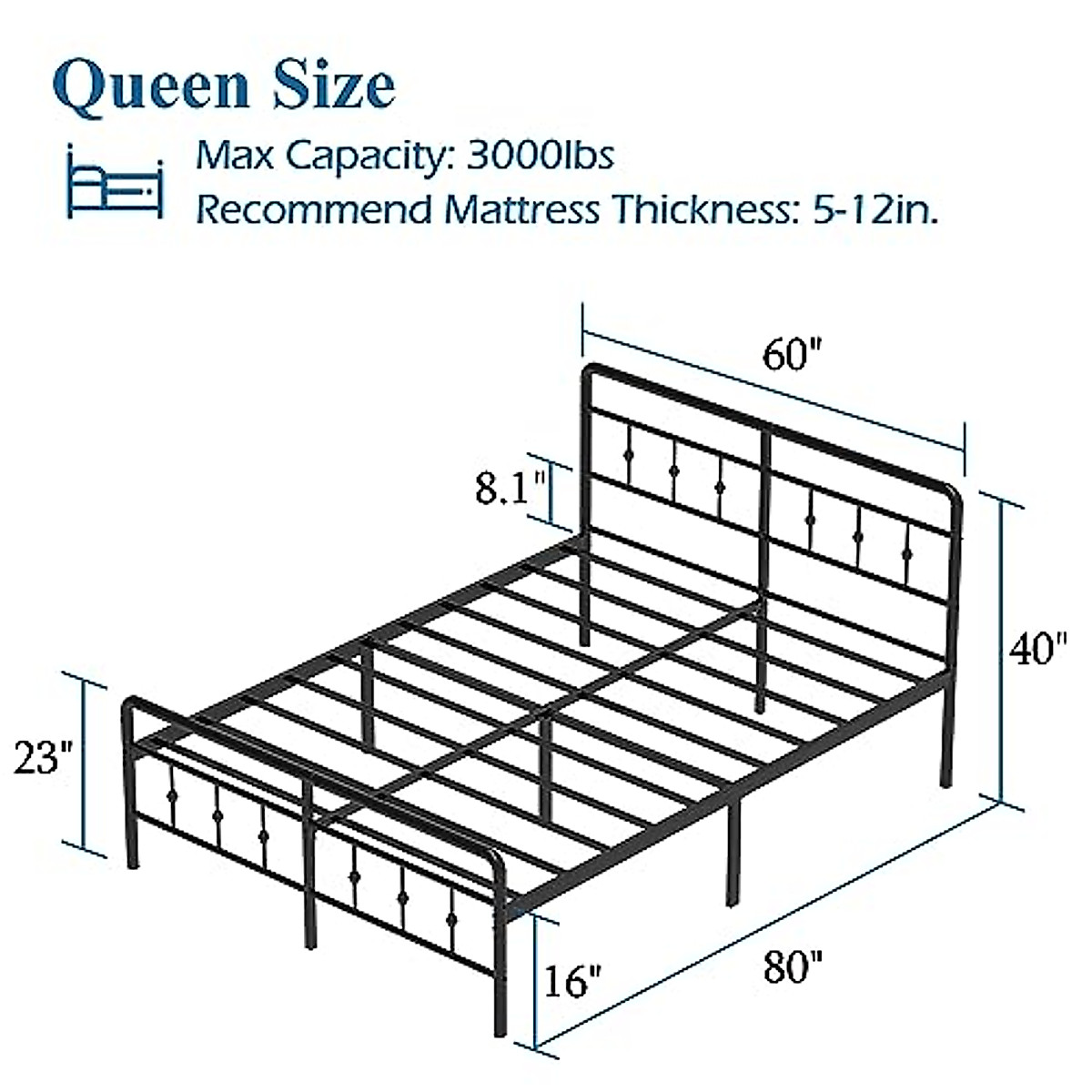 DiaOutro Classic Metal Platform Queen Bed Frame with Headboard and Footboard, 16 Inch No Box Spring Needed Heavy Duty Victorian Style Iron-Art Mattress Foundation/Under Bed Storage