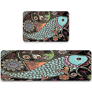 Kitchen Rug Sets 2 Piece with Runner,Art Fishes Here Fishes There Ocean Tropical and Exotic Coral Reefs Fish in a Shallow Underwater, Washable Non Slip Anti Fatigue Floor Mats for Hallway,Laundry,Sink