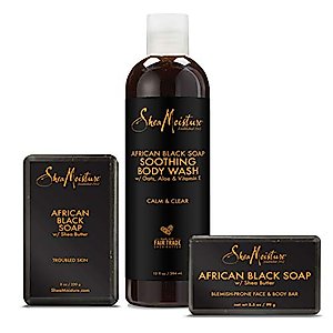 SheaMoisture Bath Face Skin care Kit Body Cleanser for Dull Skin African Black Soap Made with Fair Trade Shea Butter, Aloe Vera, 3 Count