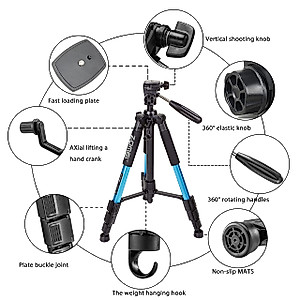 Portable 55-inch Camera Tripod Q111 Lightweight Phone Stand with Phone Holder and Quick Release Plate for DSLR Cameras,Cell Phones,Projector,Webcam,Spotting Scopes Canon EOS Nikon Sony Samsung(Blue)