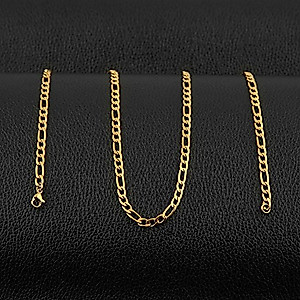 HZMAN Men Women 24k Real Gold Plated Figaro Chain Stainless Steel Necklace, Wide 3mm 5mm 7mm 9mm