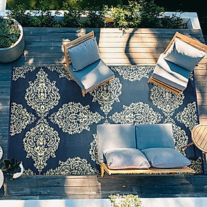 wikiwiki Outdoor Rug, 5x8ft Waterproof Reversible Mat Indoor Outdoor Rugs Carpet, Small Area Rug Plastic Straw Rug for Patio Deck Balcony Pool RV Camping Beach Picnic, Blue & Beige