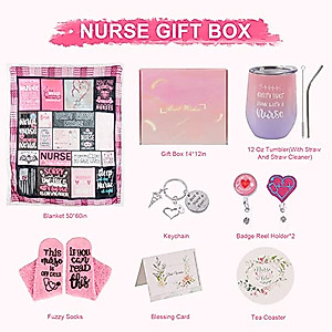 Nurse Gifts Box for Women, Nurse Appreciation Gift Set with Super Soft Nurse Throw Blanket, Wine Tumbler, Coaster, Socks, Keychain, 2pcs Badge Holder Reel, Card(Purple)