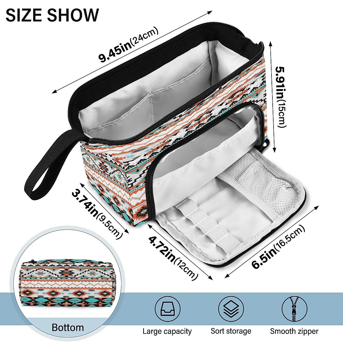 DEHOZO Portable Pencil Case Pen Bag with Zipper, Ethnic Aztec Geometric Large Pencil Pouch Pen Case Stationery Bag for Office School Student, Multifunctional Pen Box for Girl Boy Men Women