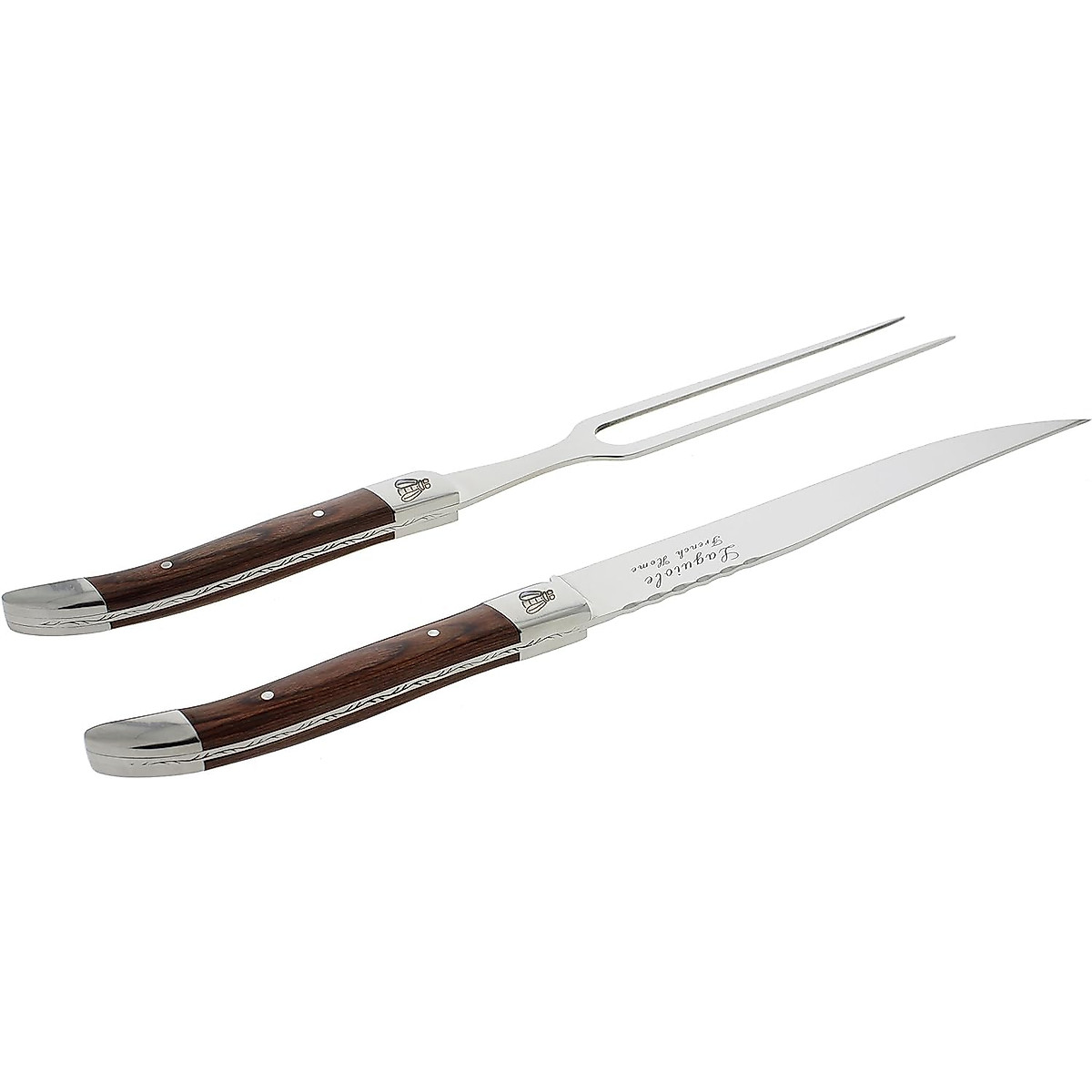 French Home Laguiole Carving Knife and Fork Set - Stainless Steel Knife & Carving Fork Cutlery Set with Pakkawood Handles, Etched Detailing & Iconic Bee Emblem