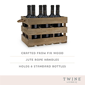 Twine 4281 Farm House Decor, Wood Wine Holder Rustic Farmhouse Wooden 6 Bottle Crate, Dark wood