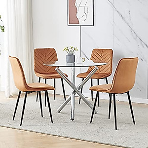BELIFEGLORY 5 Pieces Round Clear Glass Dining Table and Velvet Chairs Set for 4 People Small Space, Modern Kitchen Dinette Table with Chairs Set of 4