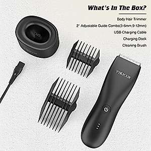 VIKICON Electric Groin Hair Trimmer: Ball Shaver & Body Groomer for Men Waterproof Wet/Dry Body Hair Clippers,Male Hygiene Razor with Standing Recharge Dock, Replaceable Ceramic Blade Heads(Black)