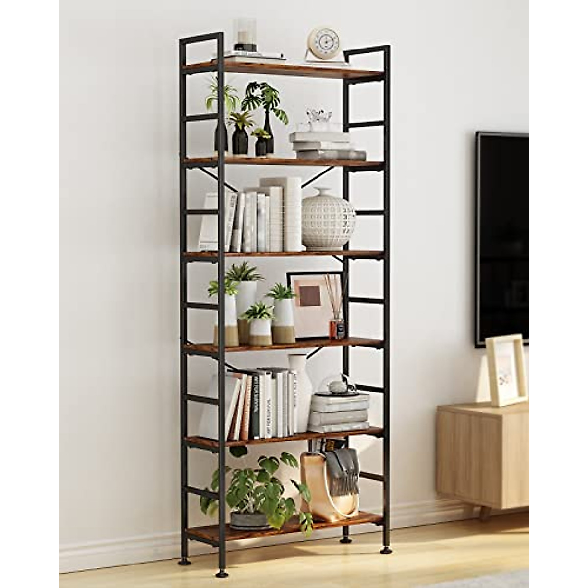 CosyStar 6-Tier Adjustable Tall Bookcase, Rustic Wood and Metal Standing Bookshelf, Industrial Vintage Book Shelf Unit, Open Back Modern Office Bookcases