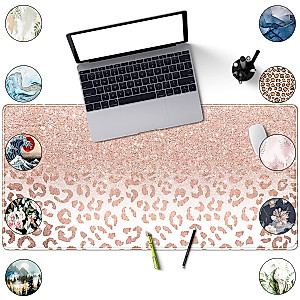 Desk Mat XXL Mouse pad, Pink Rose Gold Leopard Print Office Supplies and Accessories Decor Office for Women 31.5X15.75in,Stitched Edges Smooth and Non-Slip Rubber Bottom, Large Mouse pad for Desk