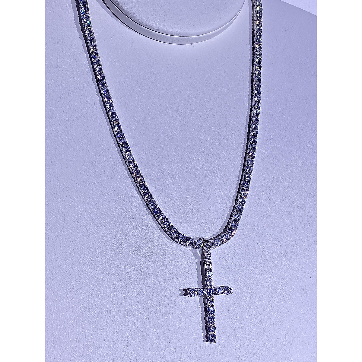 Mens 14k Rhodium Finish 4mm Tennis Link Chain Choker Iced Out Jesus Crucifix Cross Pendant Rappers Necklace Iced Prong Set Tennis Chain for Men, tennis ladies Chain Choker Jesus Necklace (18)