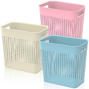 Elsjoy 3 Pack 3 Gallon Plastic Trash Can Slim Waste Basket, Large Garbage Can Cute Trash Bin with Handles, Hollow-Out Rubbish Bin for Bathroom, Kitchen, Office, Dorm, 3 Colors
