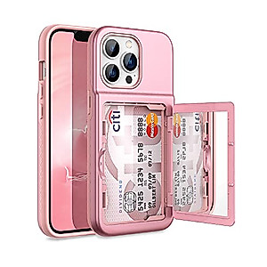 WeLoveCase for iPhone 13 Pro Wallet Case for Women with Credit Card Holder & Hidden Mirror, Two Layer Shockproof Heavy Duty Protection Cover Protective Case for iPhone 13 Pro - 6.1 Inch Rose Gold