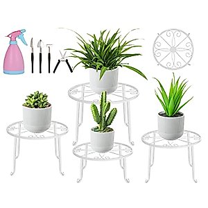Brightdeco 4 Pack Metal Plant Stands Outdoor Indoor for Patio Round Potted Holder for Large Plants Multiple Flower Planter, White