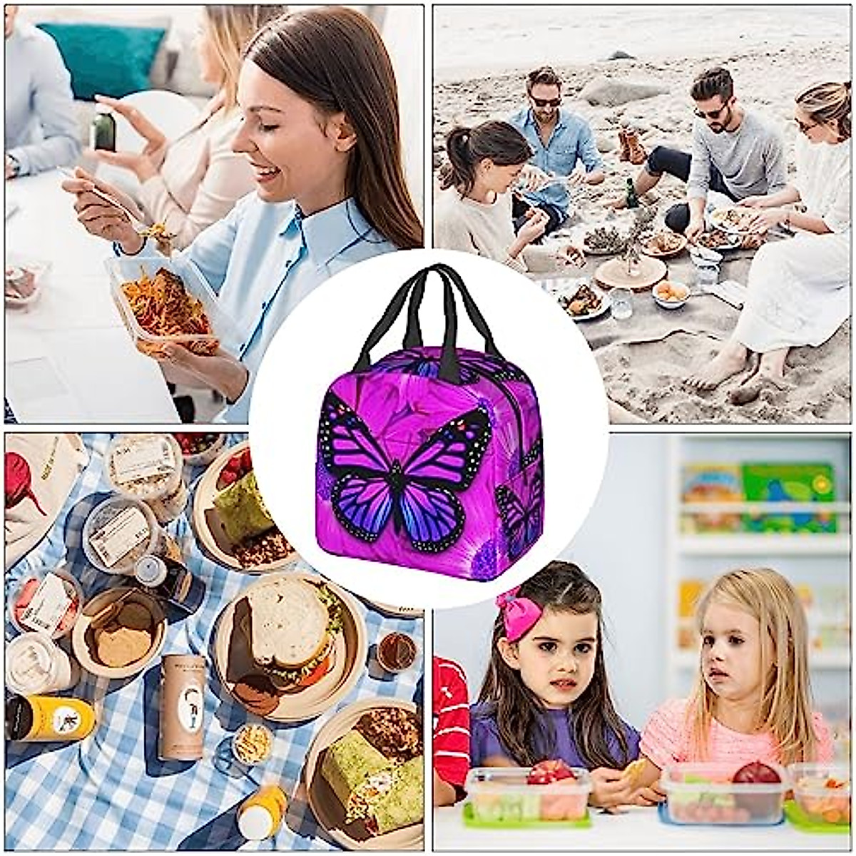 QIUWIOV Purple Butterfly Lunch Bag Insulated Reusable Lunch Box Thermal Tote Bag Container Cooler Bag for Women Men Travel/Picnic/Work/Beach