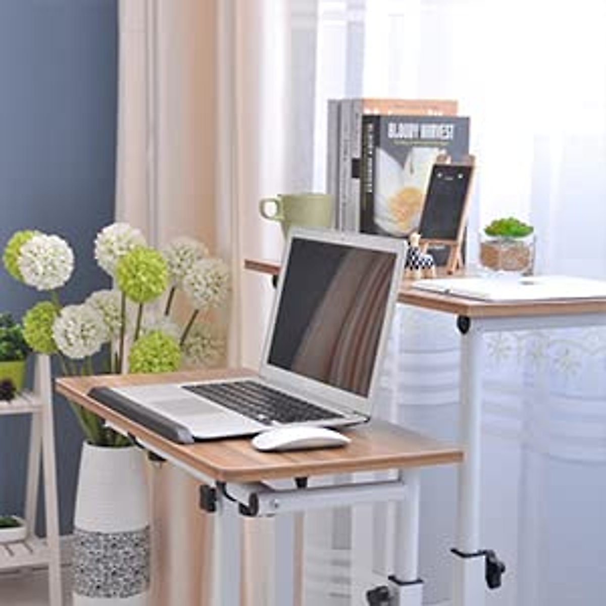 DlandHome Adjustable Rolling Desk Standing Desk, Sit-Stand Desk Cart Mobile Computer Desk Stand Up Desk Office Desk Riser Standing Table Workstation Mobile Desk, Oak