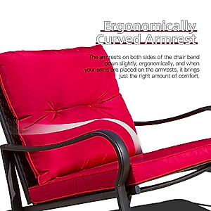 Domi 3 Piece Rocking Chair Patio Bistro Set Balcony Chairs Iron Conversation Sets Outdoor Furniture with Glass Coffee Table for Porch Poolside Lawn (Red, Curved Armrest)