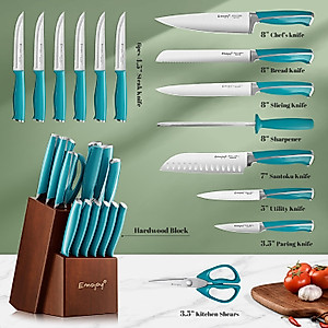 Knife Set, Kitchen Knife Set with Block Wooden, Emojoy 15-Pieces Knife Block Set Stainless Steel Kitchen Knives and Serrated Steak Knives,Blue Chef Knife Set with Sharpener