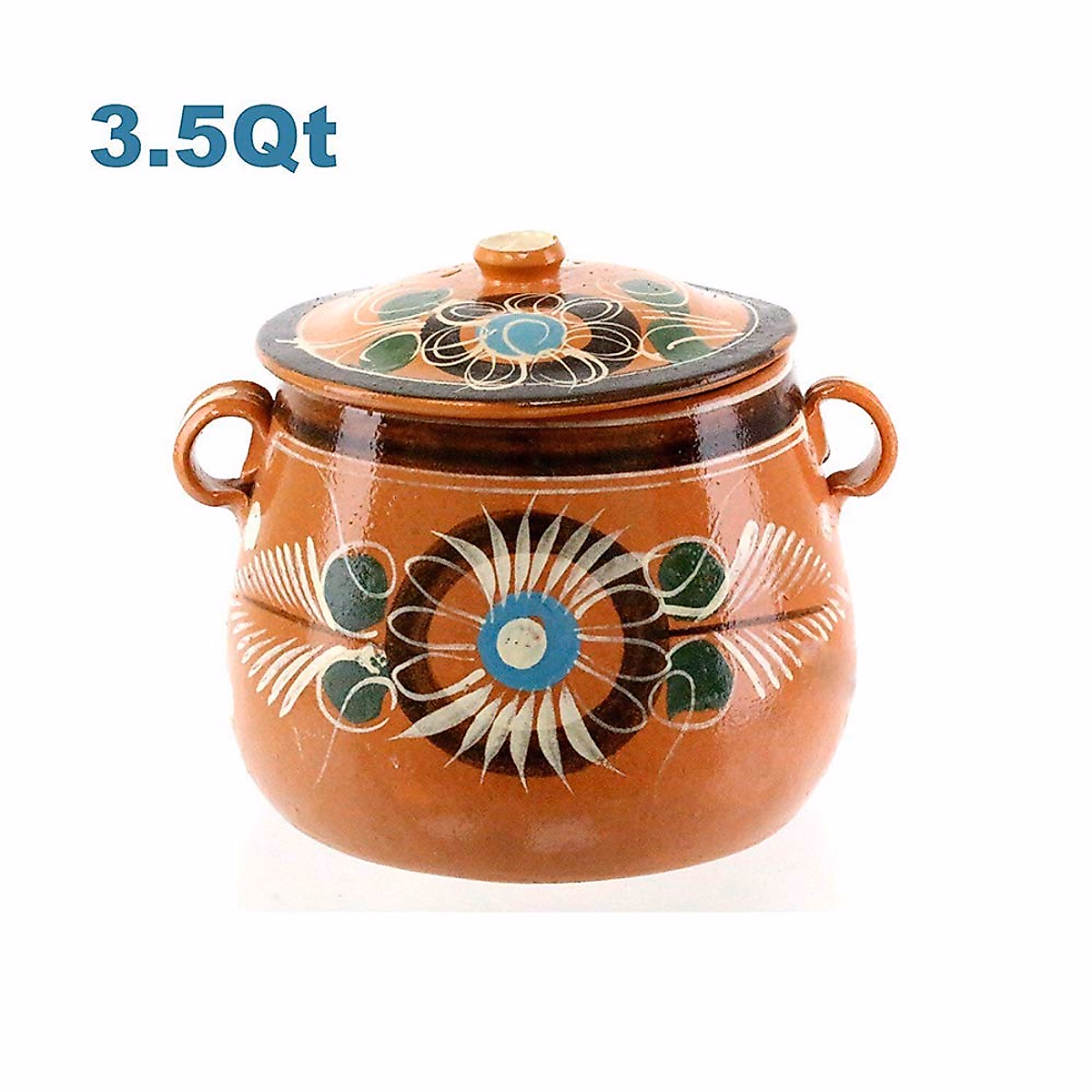 Thaweesuk Shop New Olla De Barro Frijolera w/Lid 3.5 Quarts Canterito Cazuela Traditional Floral of Set