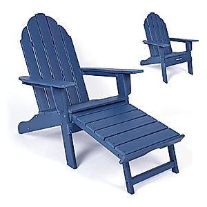 KATDANS Adirondack Chair Weather Resistant-Outdoor Fire Pit Chairs - Adirondack Chair with Retractable Ottoman - Patio Chair for Outside, Garden, Backyard, Campfire - Navy Blue - OD211212BL
