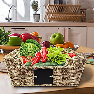 OUTBROS Storage Box Hand-Woven Wicker Storage Baskets, Multipurpose Open-Front Bin with Handles, Shelf Nesting Baskets, Desktop Makeup Organizer Container with Built-In Carry Handles, Seagrass