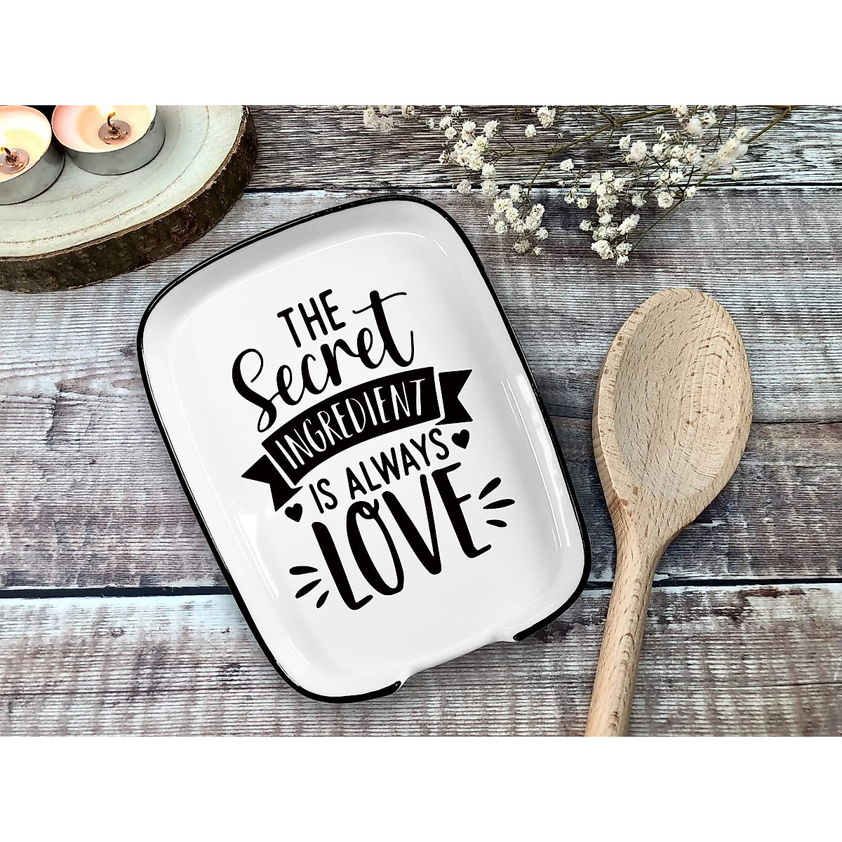 Ceramic Material Spoon Rest The Secret Ingredient is Always Love, Functional Kitchenware Spoon Rest for Kitchen Countertop or Stove Top Gift for Cooking Enthusiasts