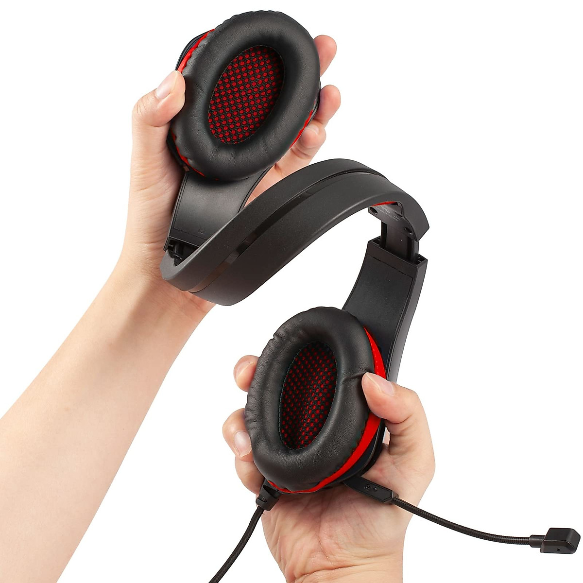 ionX Professional Wired Gaming Headset Compatible with Windows, macOS, PlayStation 5, Xbox Series S, X, Nintendo Switch, Android, and iOS, with Adjustable Boom Microphone and LED Lighting (Red)