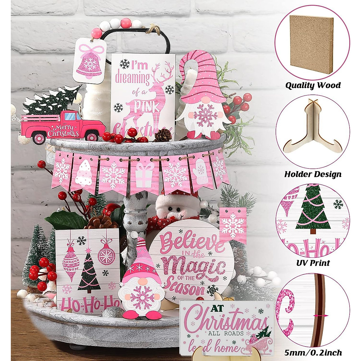Pink Christmas Decoration, Christmas Tiered Tray Decor 15 Pcs Pink Christmas Ornaments Farmhouse Rustic Decor Christmas Gnome Truck Snowflake Wooden Sign for Christmas Centerpiece Table Party Holiday