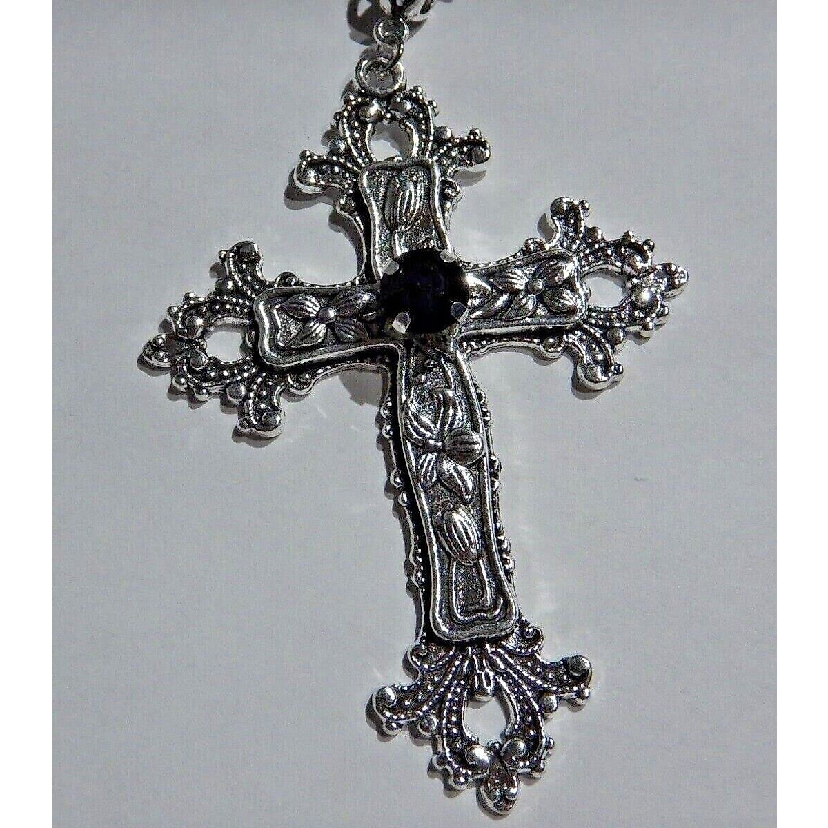 Large Gothic Cross Necklace silver-tone pendant with black glass stone, on 24" steel chain