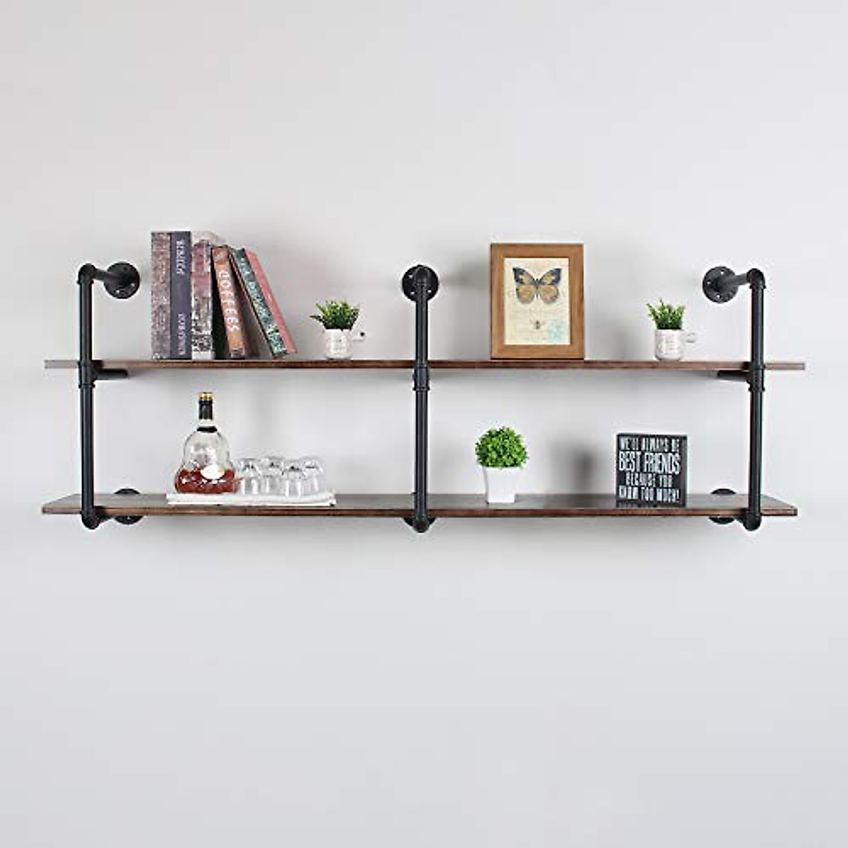 OISSIO Industrial Pipe Wall Shelf,2-Tiers Wall Mount Bookshelf,63in Rustic Wall Mount Shelf,DIY Storage Shelving Floating Shelves,Rustic Pipe Shelving Unit,Wall Book Shelf for Home Organizer