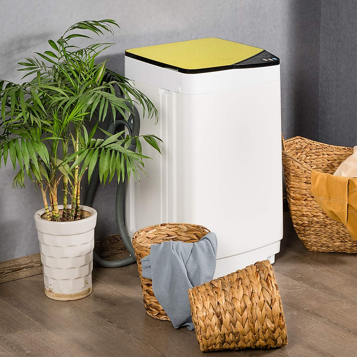 Giantex Full-Automatic Washing Machine Portable Washer and Spin Dryer 7.7lbs Capacity Compact Laundry Washer with Built-in Barrel Light Drain Pump and Long Hose for Apartments Camping (White & Yellow)