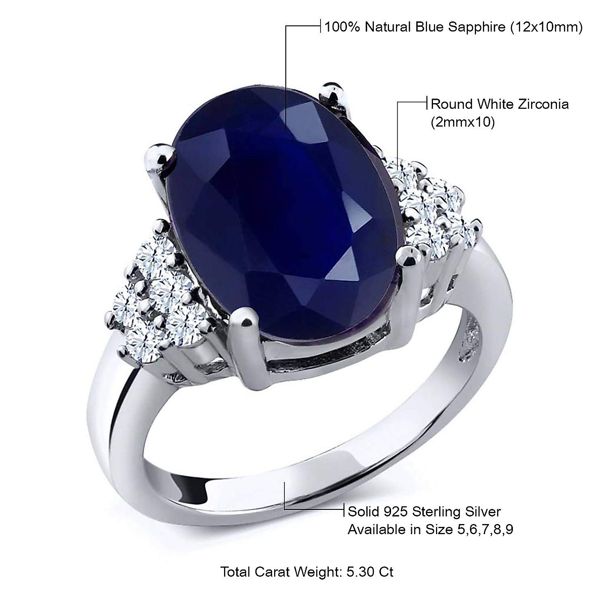 Gem Stone King 925 Sterling Silver Blue Sapphire Engagement Ring For Women (5.30 Cttw, Oval 12X10MM, Gemstone Birthstone, Available In Size 5, 6, 7, 8, 9)