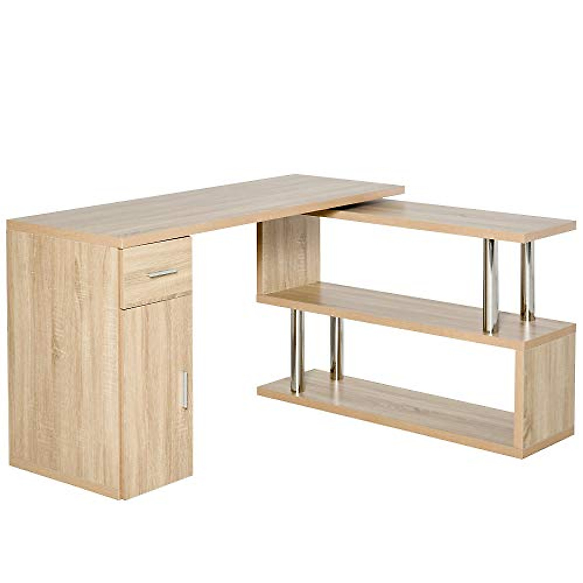 HOMCOM Rotating Computer Desk, 55" L-Shaped Desk, Corner Desk with Storage Shelves, Cabinet and Drawer for Home Office, Natural
