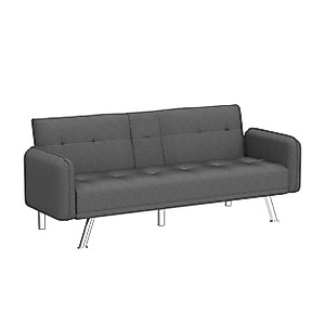 IULULU Futon Sofa Bed, Convertible Couch with 2 Cup Holders Loveseat with Armrest for Studio, Apartment, Office, Living Room, Dark Grey