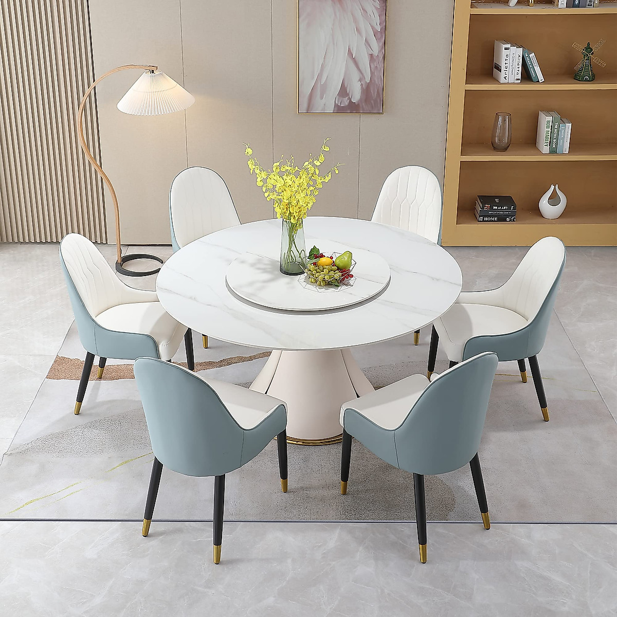 Voohek, Beige 9-Piece Modern Dining Room Set, with 8 Upholstered Chairs, Sintered Stone Table w/Round Turntable and Metal Exquisite Pedestal, Family Furniture for Home, Kitchen