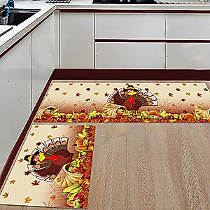 2 Piece Thanksgiving Kitchen Rug Set Funny Turkey Fall Autumn Harvest Pumpkins Maple Leave Comfort Doormat Absorbent Bathroom Carpet Non Slip Area Rug Pad Home Decor Mat (15.7" x 23.6"+15.7" x 47.2")