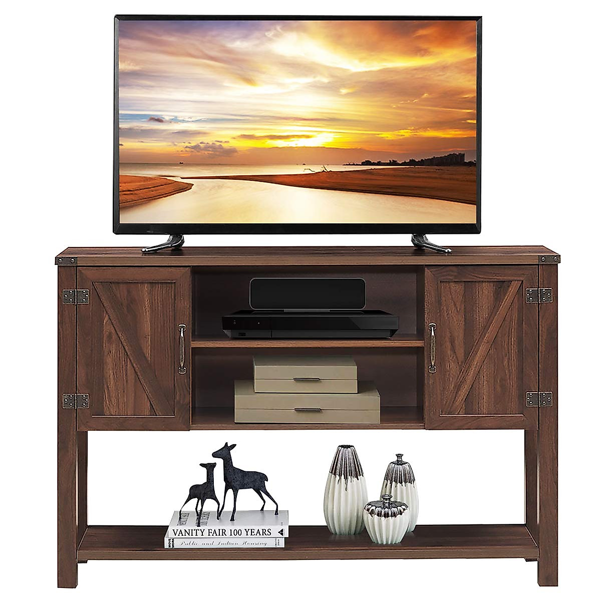 Tangkula TV Stand up to 60 Inches TVs, Modern Entertainment Center Stand with 2 Side Door Cabinets, Ample Storage Space, Multi-Functional Stand for Living Room Home Office Decor, TV Console (Brown)