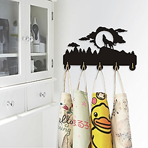 Howling Wolf Key Hook-Wildlife Animal Wall Hooks,Wall Door Clothes Coat Hat Hanger Key Holder with 5 Metal Hooks Strong Adhesive Sticker Wood Hook, Wildlife Animal Home Décor.(W1)