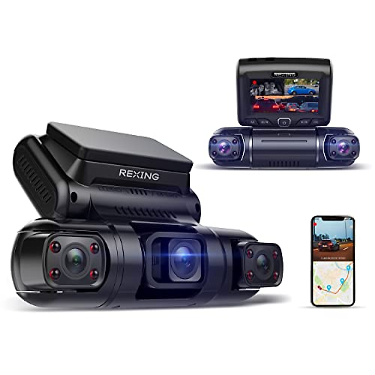 REXING S3 3-Channel Dash Cam Front, Cabin, Sides 1080P+1080p+1080p, 3” LCD, GPS, Infrared Night Vision, Parking Monitor, WiFi,APP, 170°Angle, Loop Recording, Side Coverage, Support up to 256GB