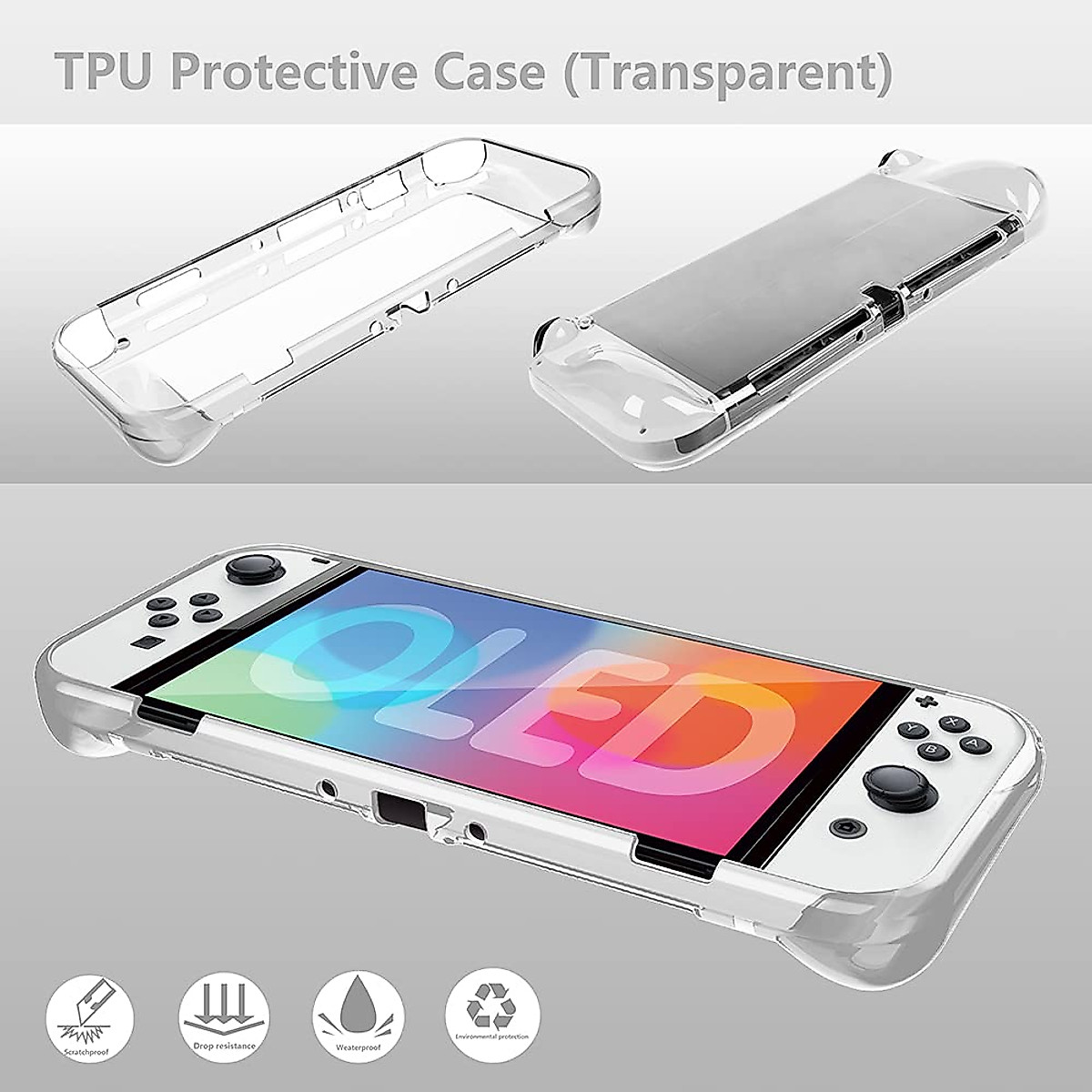 omarando TPU Case Cover Accessories Kit for Nintendo Switch (OLED model),Shoulder Bag for Switch,with Tempered Glass Screen Protector,Thumb Grip Caps .Mini travel playstand (Clear)