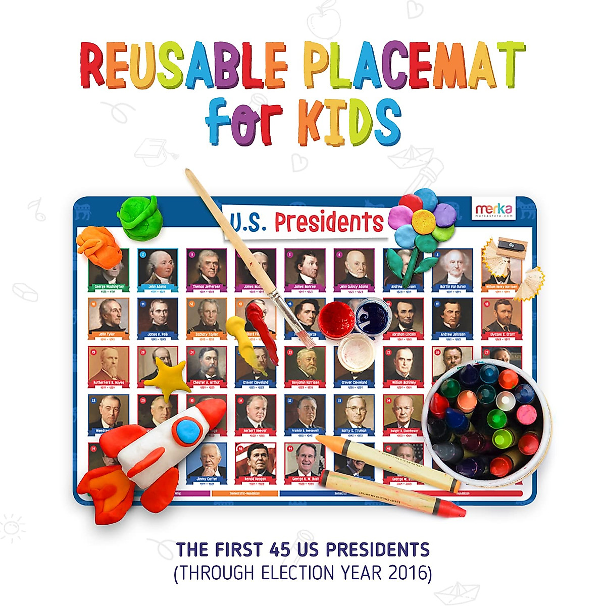 merka Placemats for Kids Plastic Placemats for Kids Presidents for Kids Educational Placemats for Kids Learning Placemats US Presidents Non-Slip Silicone Mats for Dining Table