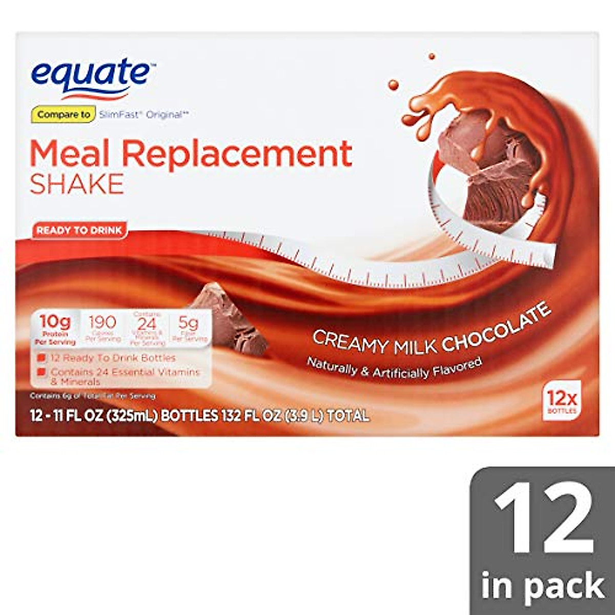 Equate Meal Replacement Shake, Creamy Milk Chocolate, 11 fl oz, 12 Count (Pack of 2)