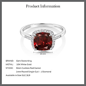 Gem Stone King 10K White Gold Cushion Cut 8MM Gemstone Birthstone and Accent Diamonds Halo Engagement Ring For Women | Wedding Anniversary Promise Ring For Women | Available In Size 5, 6, 7, 8, 9