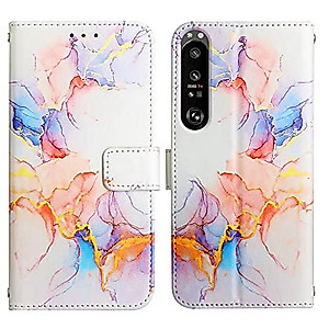 ONV Wallet Case Compatible with Sony Xperia 1 III - Premium Marble Painted Leather Flip Case Stand Card Slot Magnet with Silicone Shell Flip Cover for Sony Xperia 1 III [Marble] -White