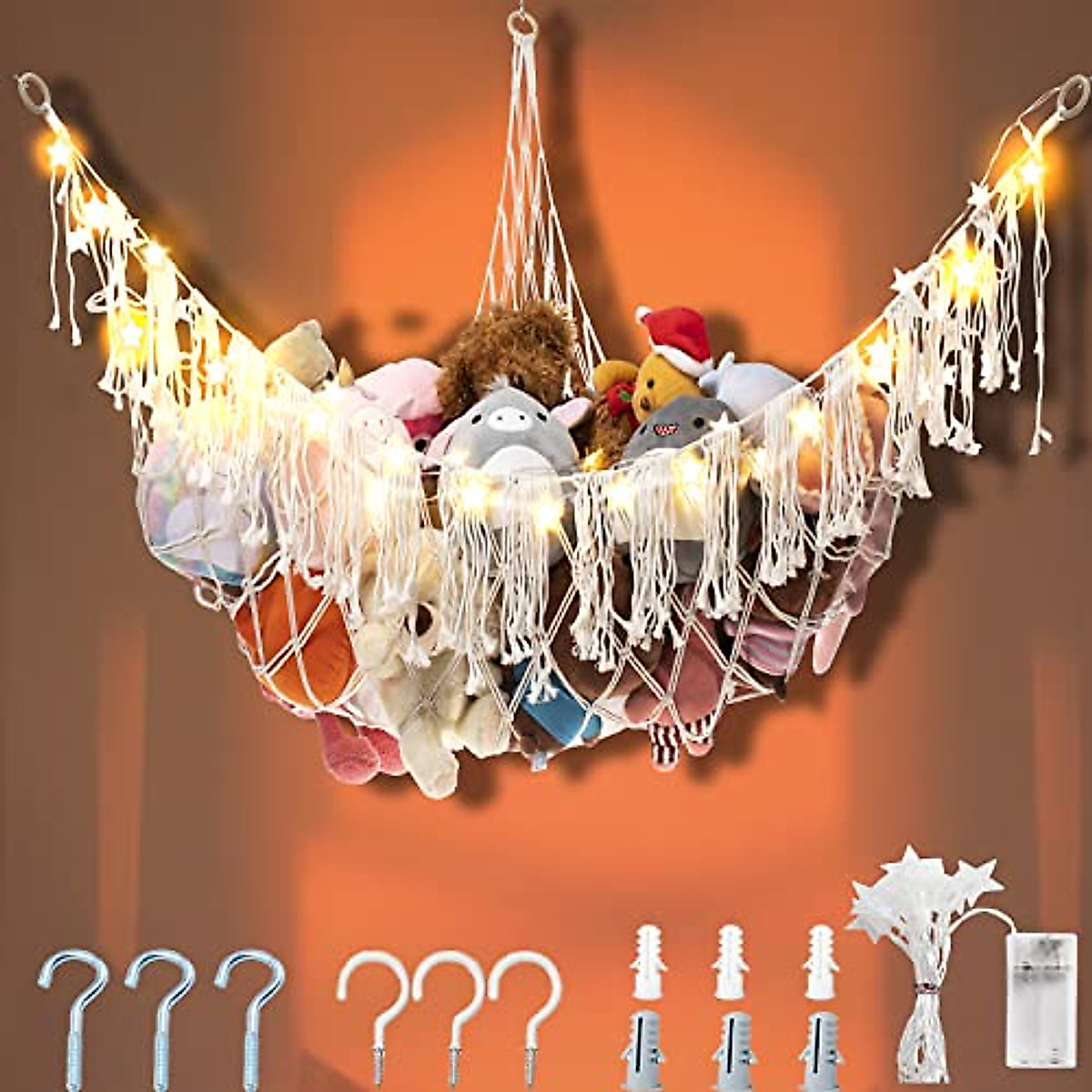 SZBAMI Stuffed Animal Net or Hammock with Light, Hanging Corner Net Toy Hammock for Stuffed Animals with Hooks, Hanging Net Toy Storage Organizer Animal Net for Bedroom Playroom Kindergarten -Large