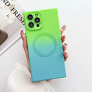 Yepda for iPhone 14 Pro Max Square Case, Compatible with MagSafe, Full Camera Lens Protector Multicolor Case Luxury for Women Girls Soft Slim Fit Shockproof Protective Magnetic Cover - Green Blue