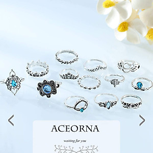 Aceorna Boho Crystal Joint Knuckle Rings Silver Flower Turtle Midi Stackable Finger Rings Set Jewelry for Women 13PCS
