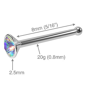 Evonix 2pc 20g Surgical Stainless Steel Nose Bone Flat crystal AB Aurora Borealis Straight Pin Bar Stud
